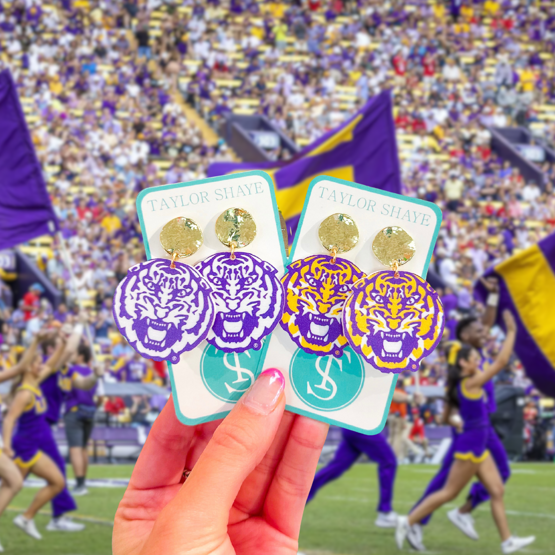 LSU Roaring Tiger Head Drops – Taylor Shaye Designs